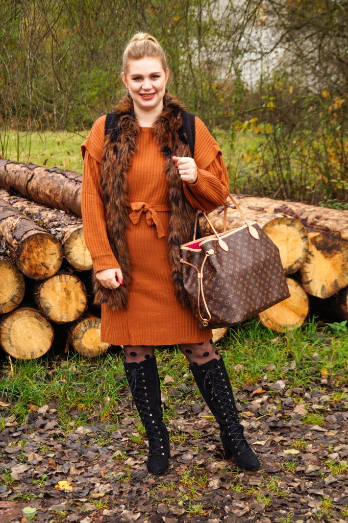 Cognac Knit Dress x Fur Vest.... - Madame Schischi