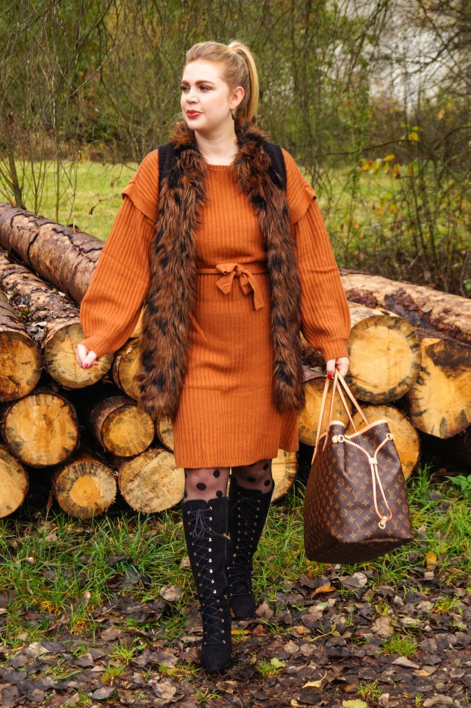 Cognac Knit Dress x Fur Vest.... - Madame Schischi